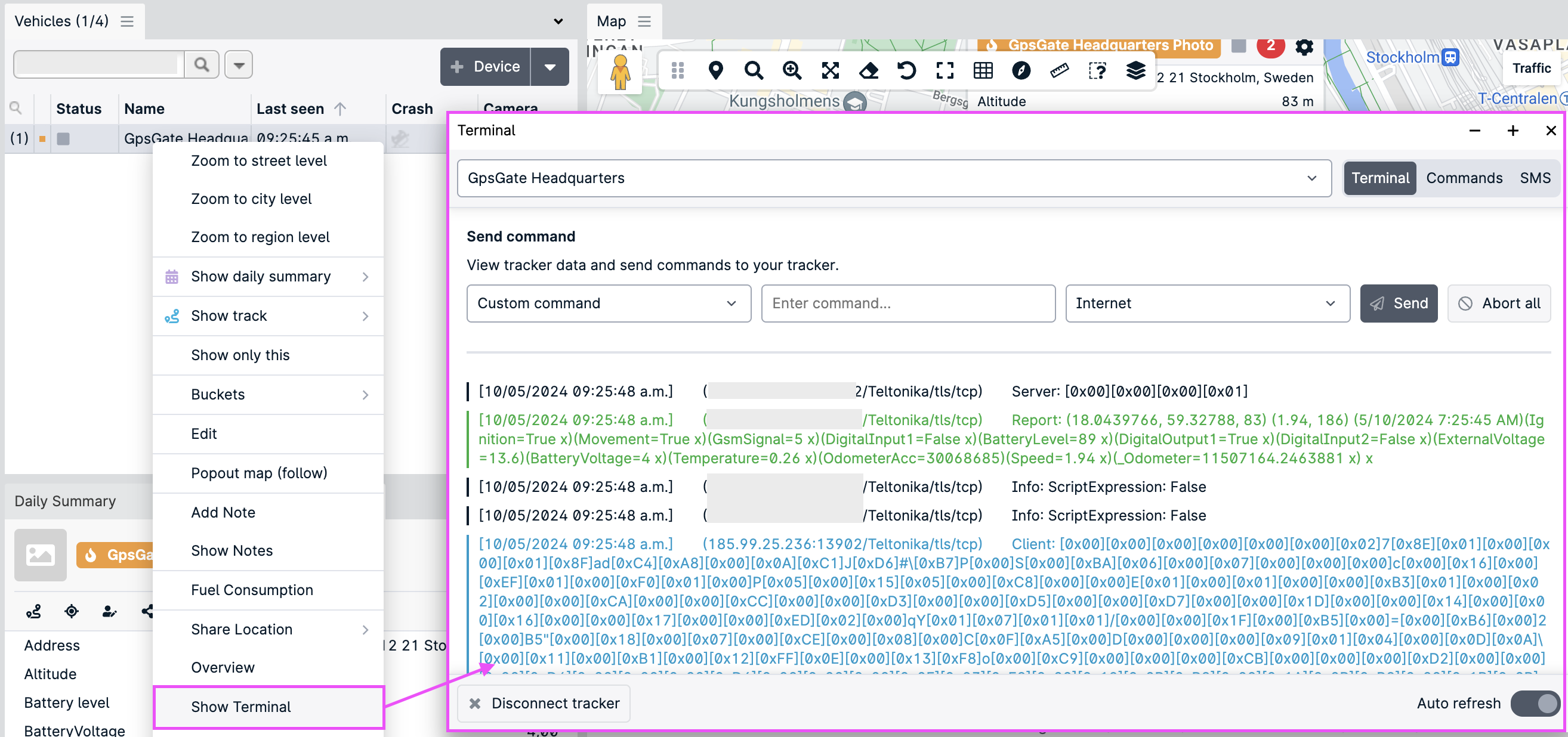 Terminal in the Application – GpsGate Support