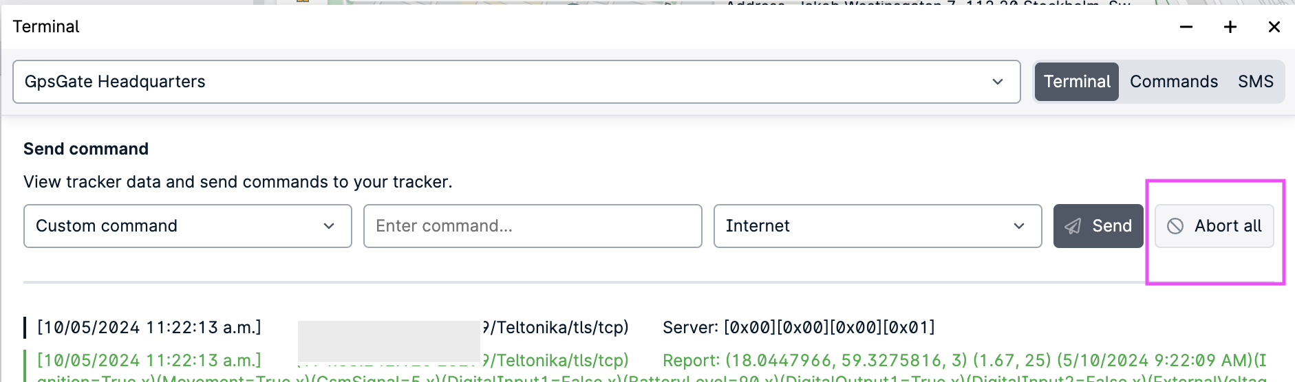 Send commands using the Terminal Window – GpsGate Support