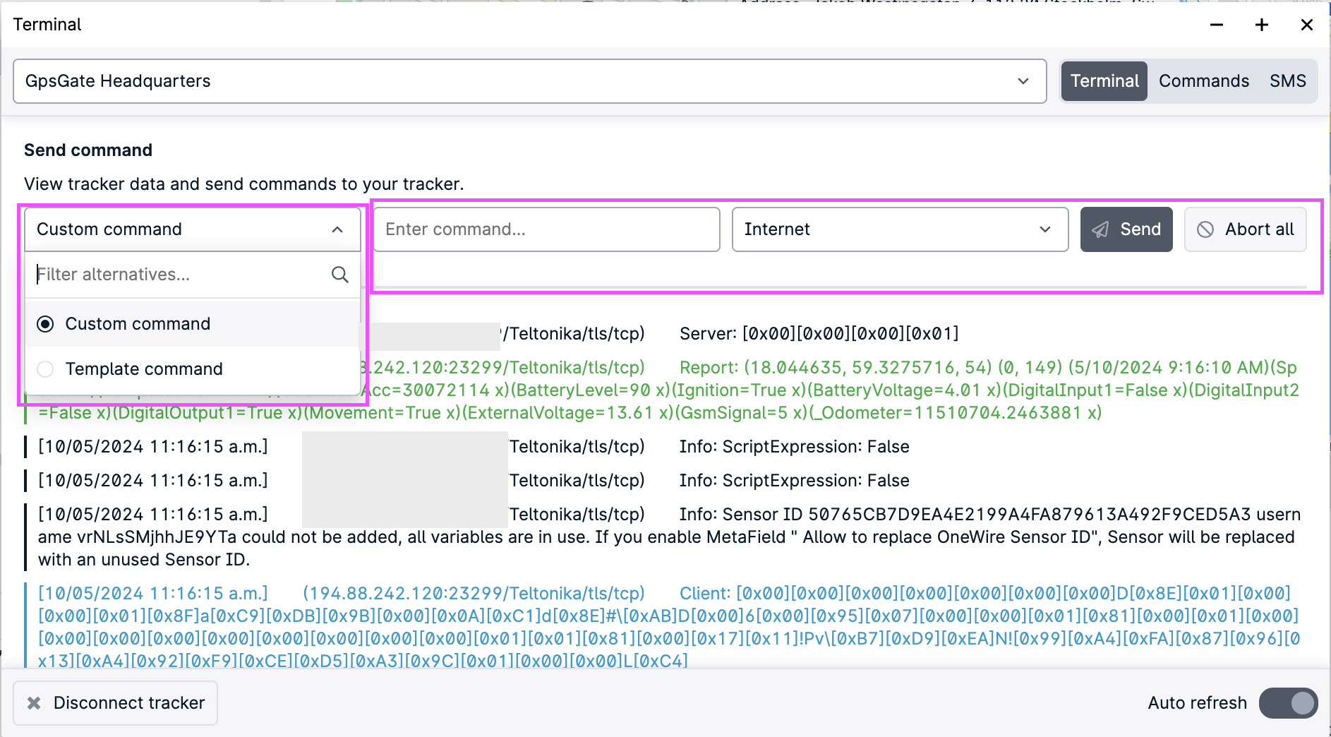 Send commands using the Terminal Window – GpsGate Support